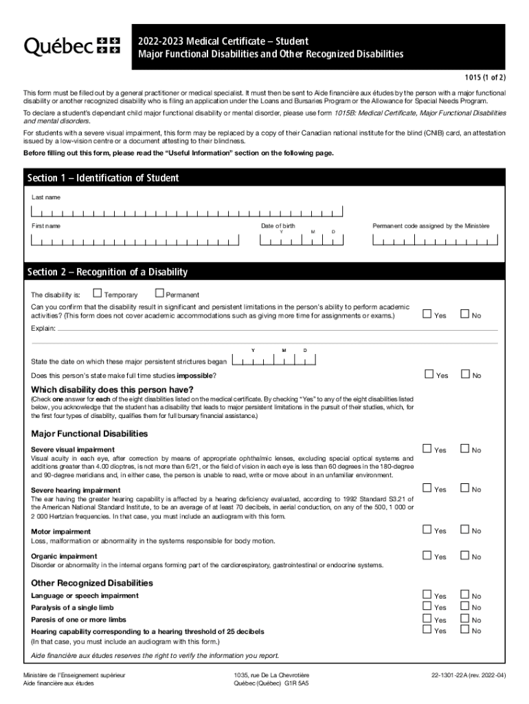 Fillable Online 2022-2023 Medical Certificate - Major Functional Disabilities and Other ...