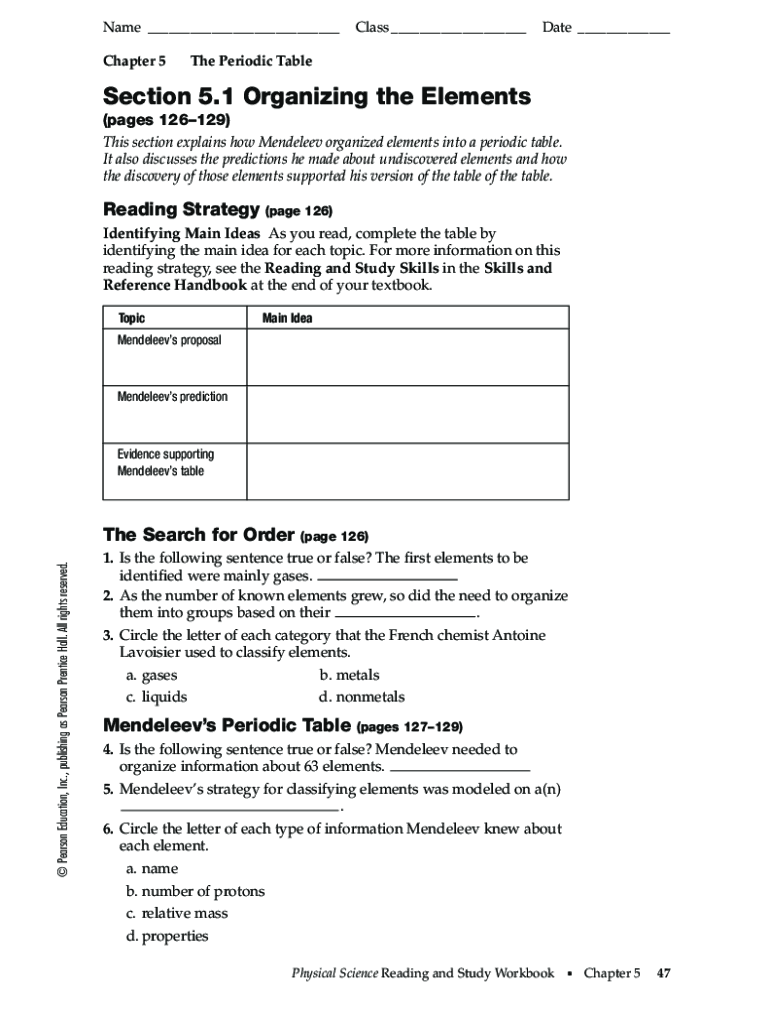 Fillable Online schoolwires henry k12 ga Chapter 5 Section 1 Organizing The Elements Answer Key ...