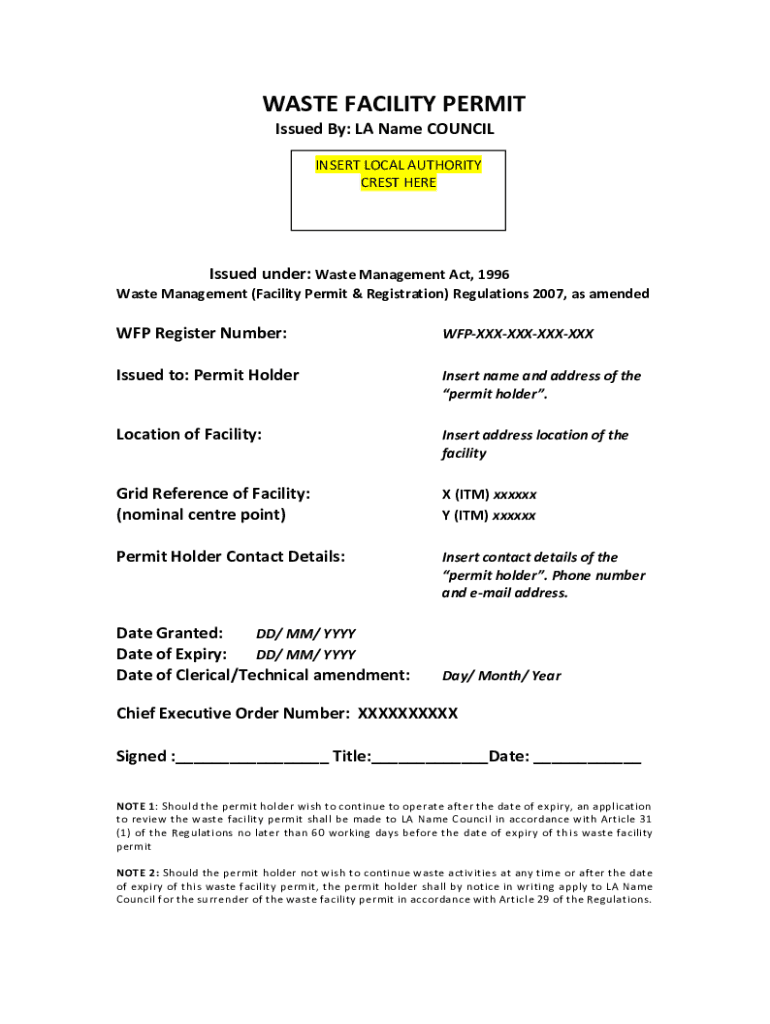 Fillable Online Waste Facility Permit (WFP) and Certificate Of ...
