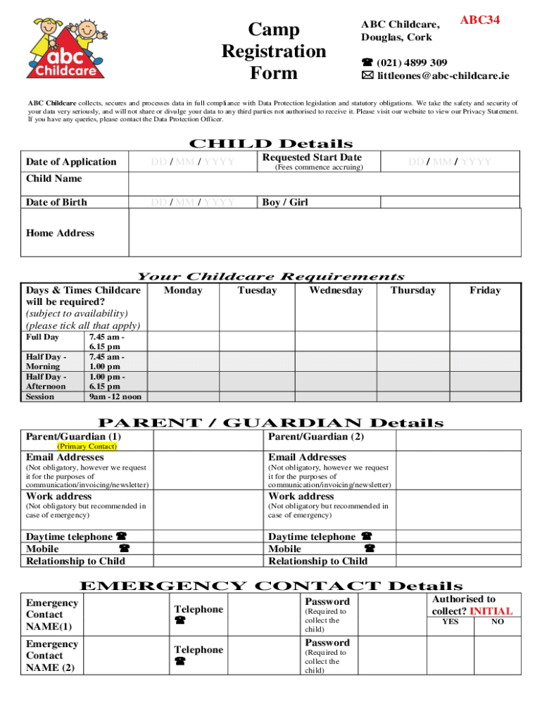 Fillable Online Camp Registration Form - ABC Childcare Fax Email Print - pdfFiller