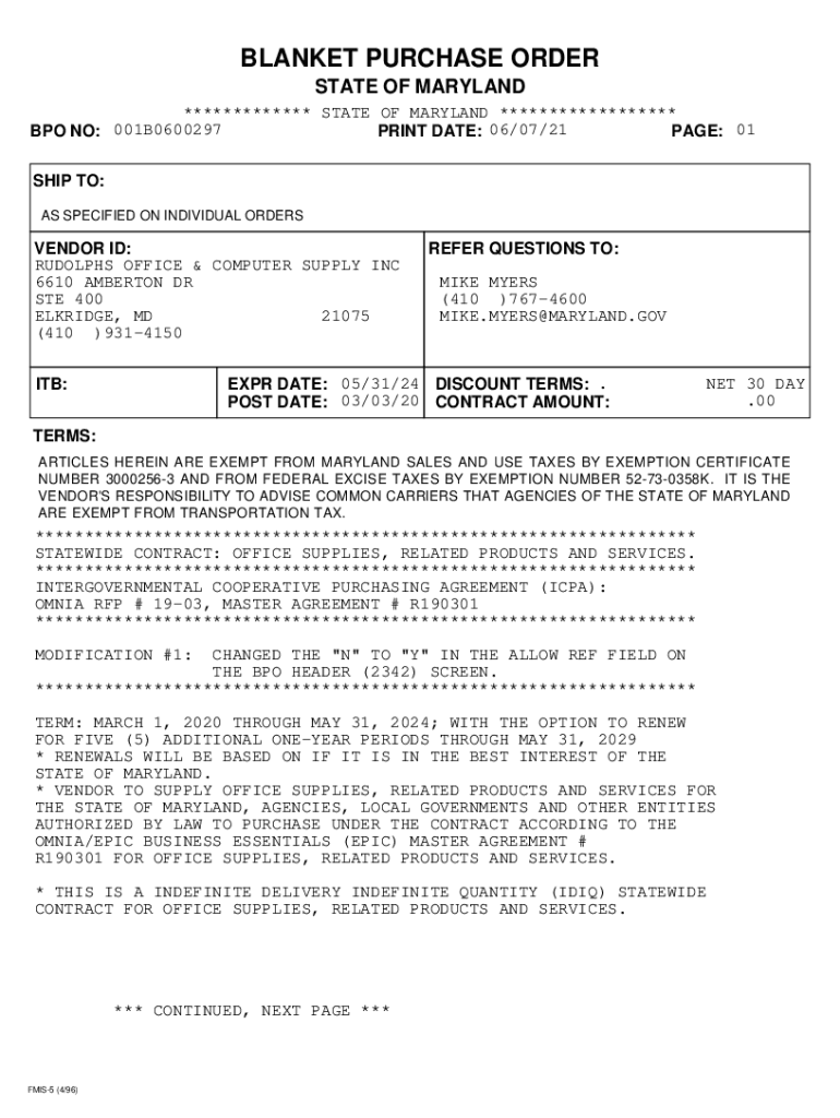 Fillable Online dgs maryland PDF version of FMIS Blanket Purchase Order. Blanket Purchase Order ...