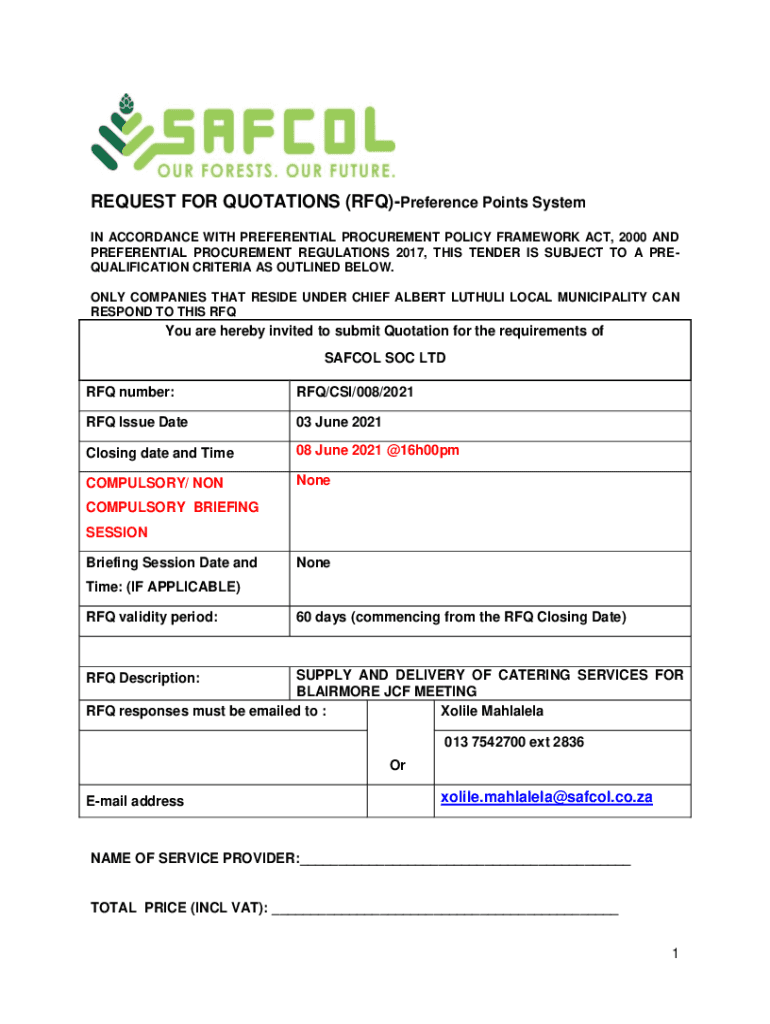 Fillable Online REQUEST FOR QUOTATIONS (RFQ) ) - SAFCOL Fax Email Print ...