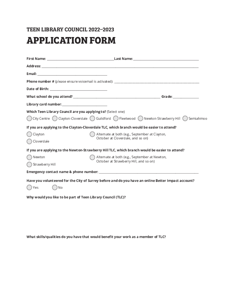 Fillable Online Teen Library Council Application Form. Teen Library ...