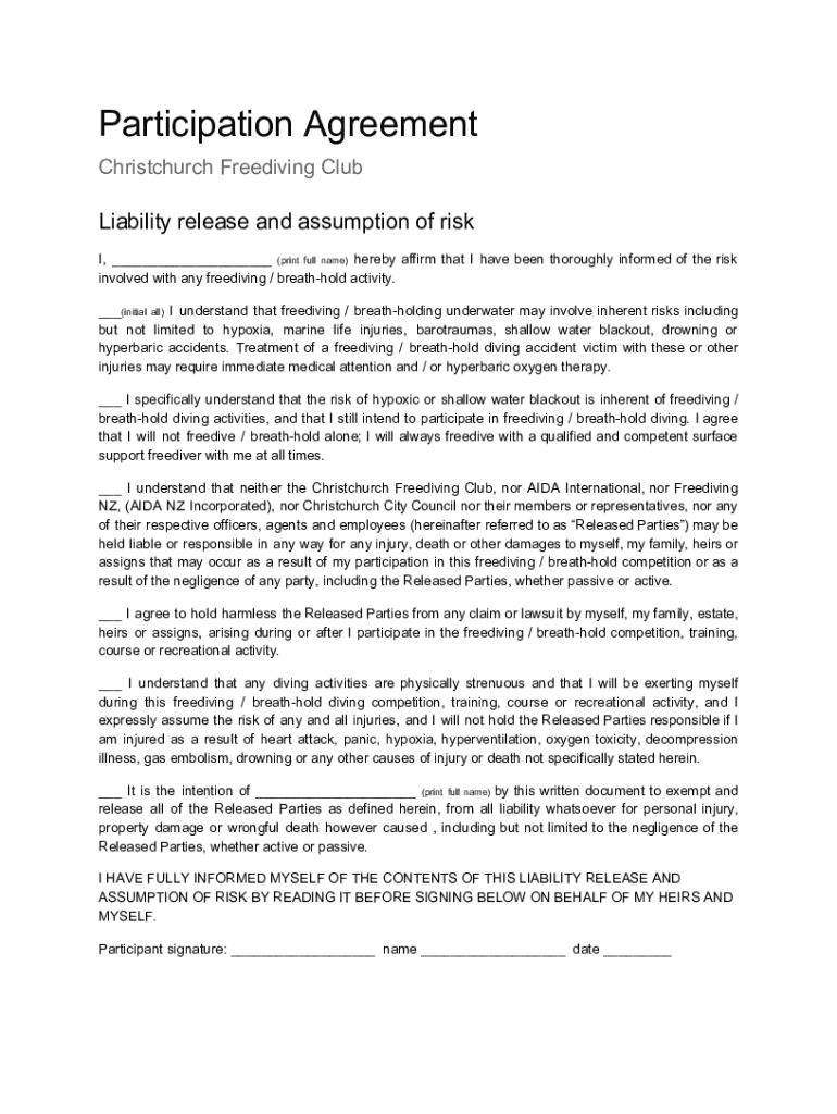 Fillable Online Participation Agreement - Christchurch Freediving Club ...