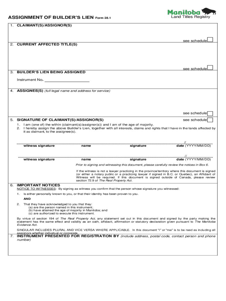 Fillable Online ASSIGNMENT OF BUILDER'S LIEN Form 28.1 Fax Email Print ...