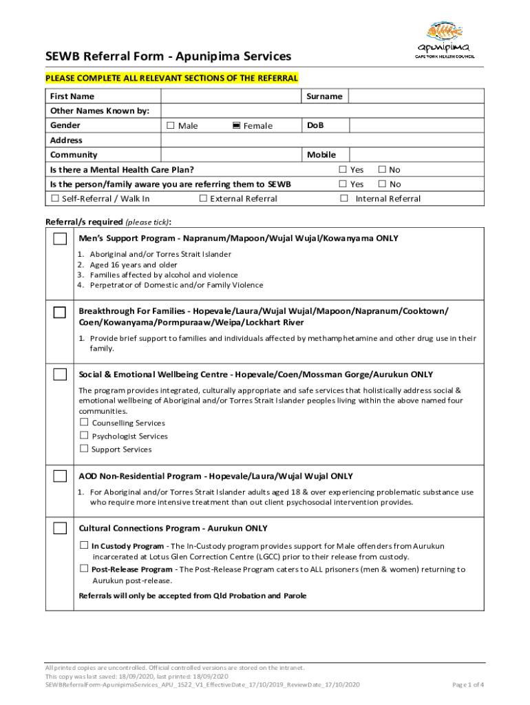 Fillable Online SEWB Referral Form - Apunipima Services APU 1522 Fax ...