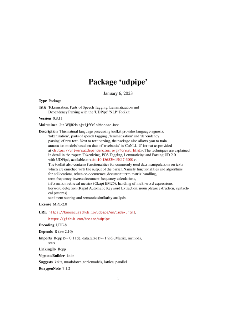 Fillable Online cran csiro udpipe: Tokenization, Parts of Speech ...