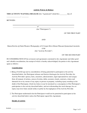 Fillable Online recreational activity release of liability, waiver of ...