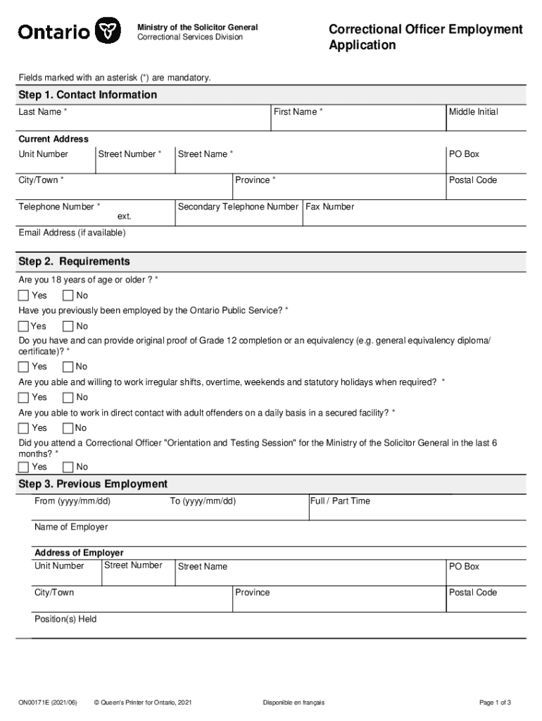 Fillable Online Correctional Officer Employment Application ...