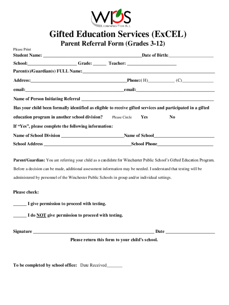 Fillable Online Parent Referral Form Gifted and Talented Students Fax ...