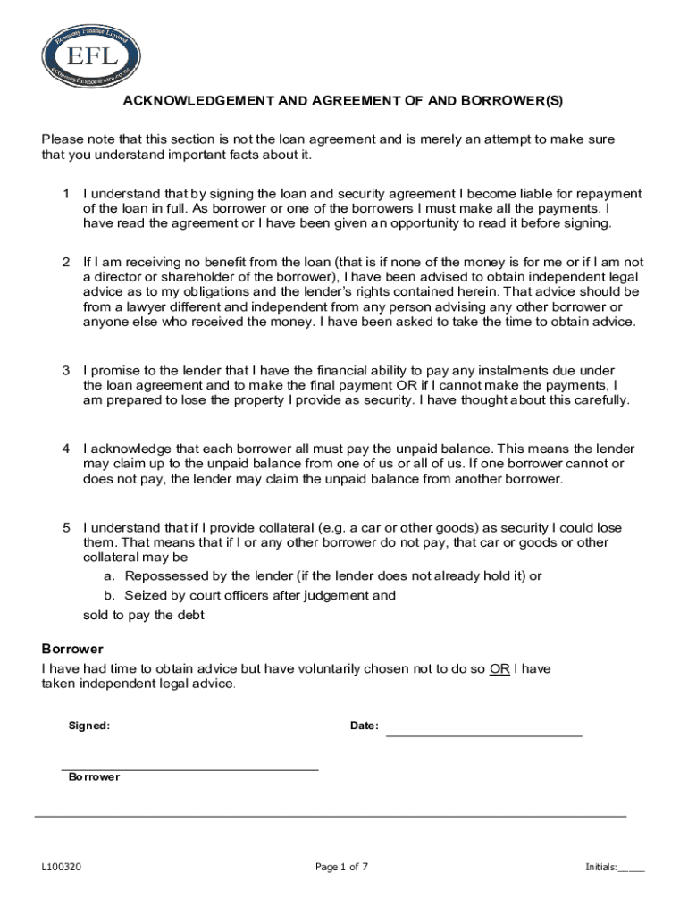 Fillable Online acknowledgement and agreement of and borrower(s) Fax ...