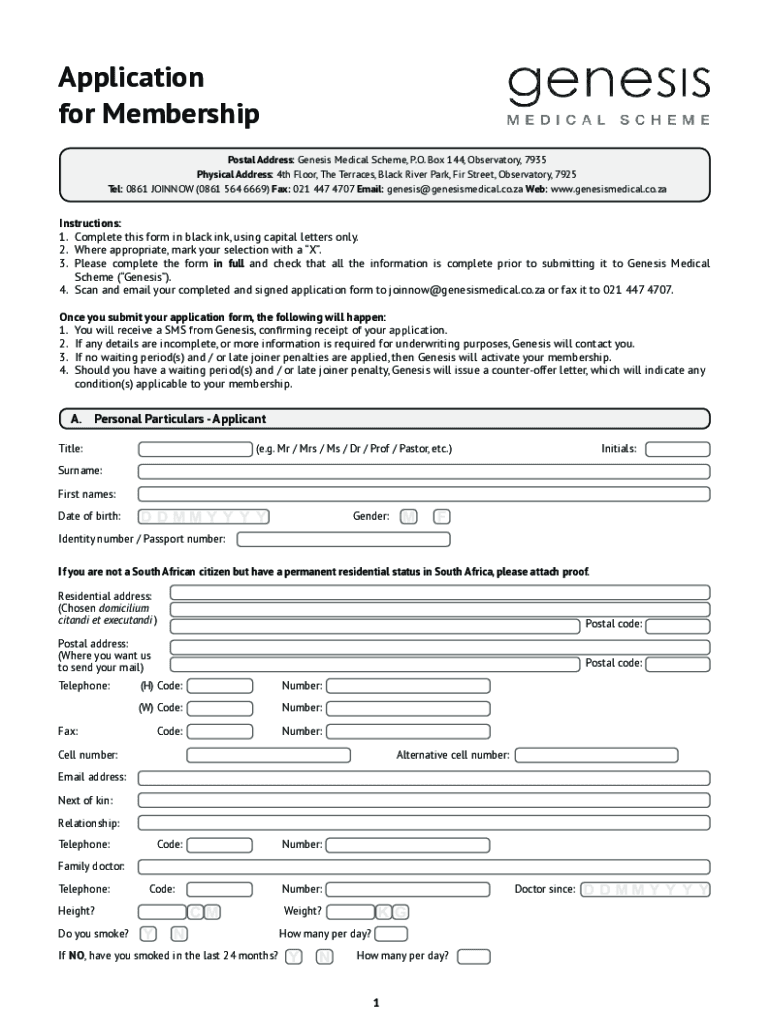 Fillable Online EDIT Genesis Medical Scheme Application for Membership ...