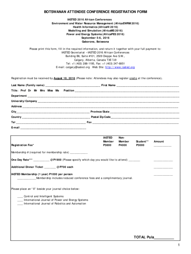 Fillable Online BOTSWANAN ATTENDEE CONFERENCE REGISTRATION FORM Fax Email Print - pdfFiller