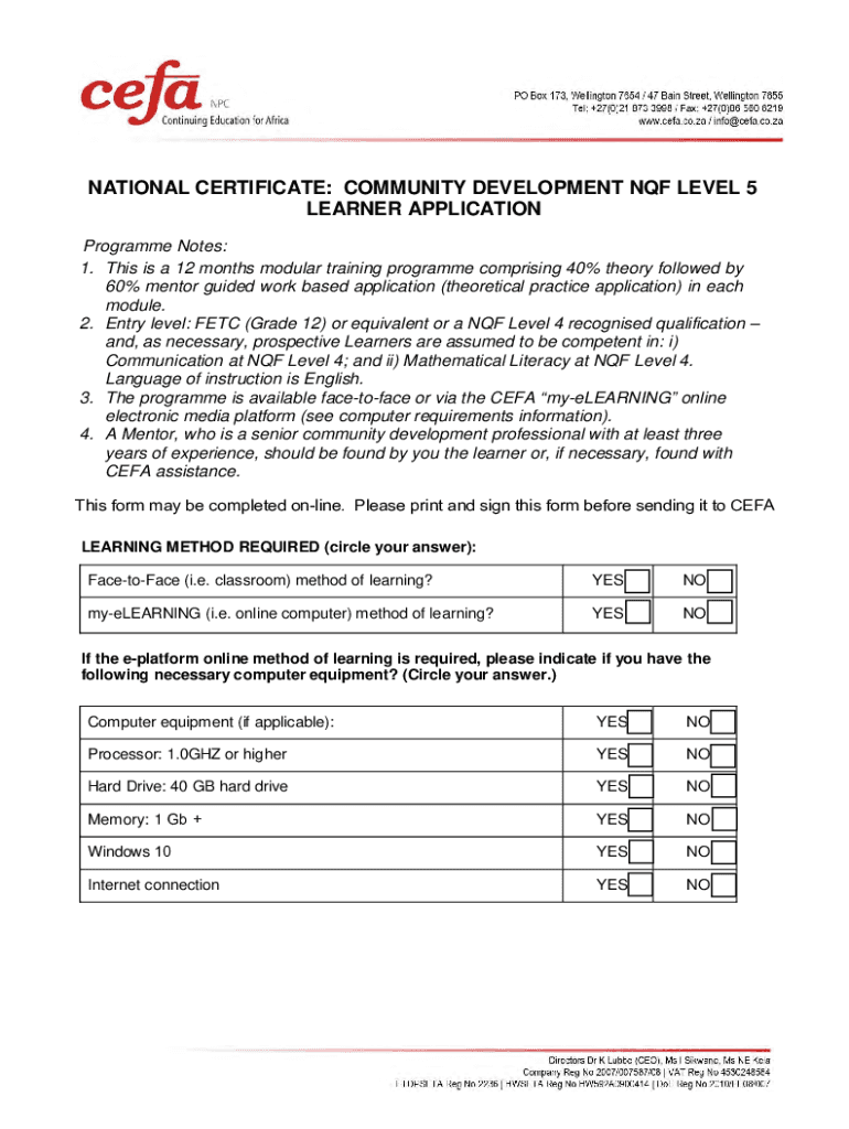 Fillable Online national certificate: community development nqf level 5 ...