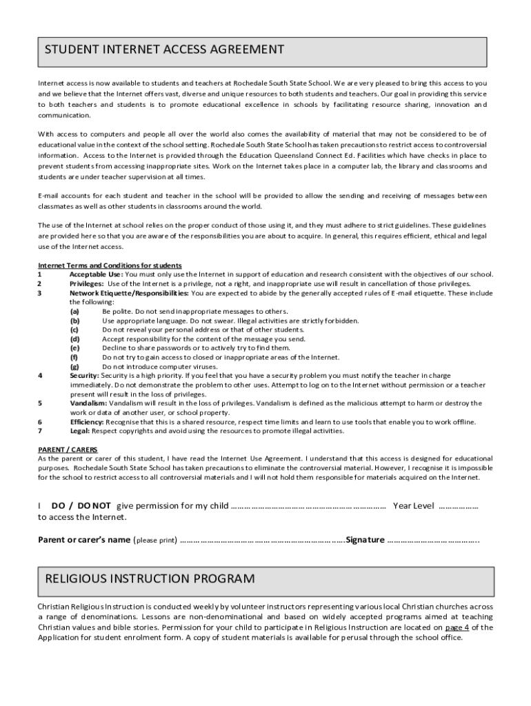 Fillable Online Student Internet Access Agreement - Undurba State ...