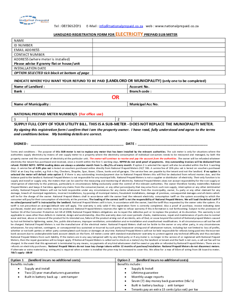 Landlord Registration Form for Electricity Prepaid Sub Meter - Blank ...