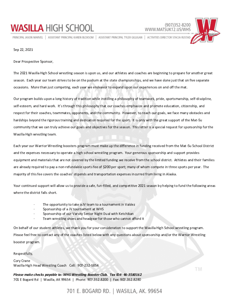 Fillable Online Dear Potential Sponsor, The Kenosha Wrestling Academy ...