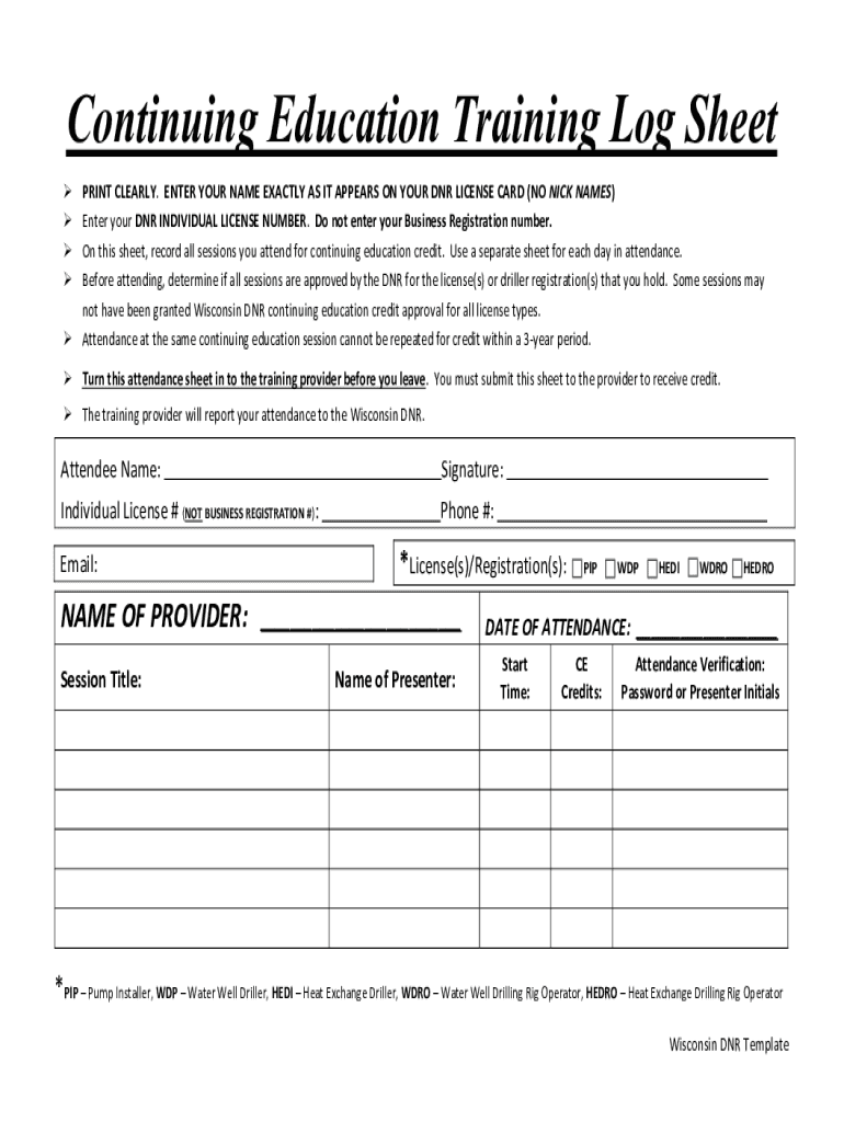 Fillable Online dnr wisconsin Continuing Education Training Log Sheet ...