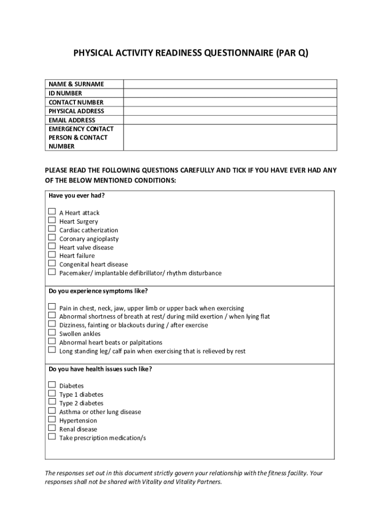Fillable Online Physical Activity Readiness Questionnaire (PAR-Q) Name ...