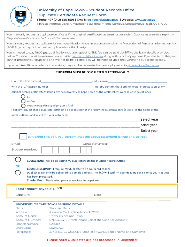 Fillable Online Student Records Office Duplicate Certificate Request ...