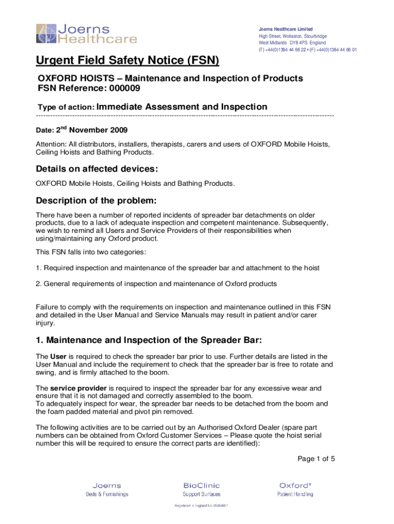 Fillable Online Fillable Online Urgent Field Safety Notice FSN - bphoists Fax Email Print ...