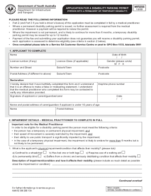 Fillable Online MR256 Application For A Disability Parking Permit (Person With A Permanent Or ...