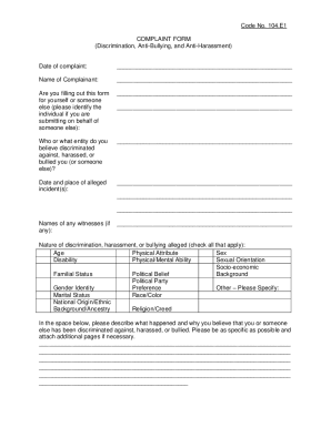 Fillable Online Code No. 104.E1 COMPLAINT FORM (Discrimination, Anti ...