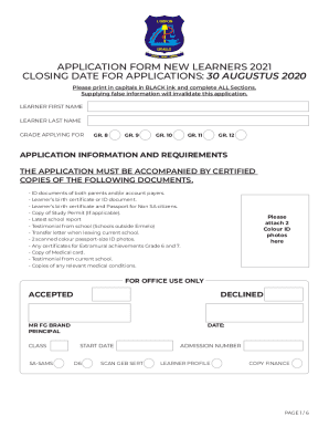 Fillable Online APPLICATION FORM NEW LEARNERS 2021 CLOSING ... Fax ...