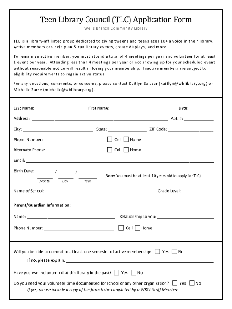 Fillable Online Teen Library Council (TLC) Application Form Fax Email ...