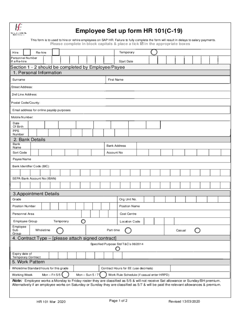 HR 101C19 Employee set up form This form is used to hire or rehire ...
