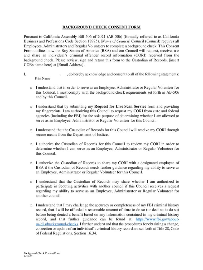 Fillable Online Background Check Consent FormCalifornia Scouting Fax ...