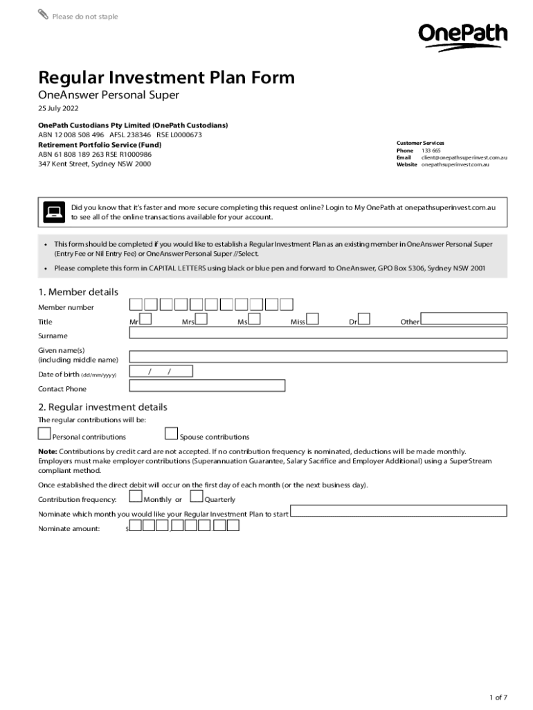 Fillable Online OneAnswer Personal Super Regular Investment Form ...
