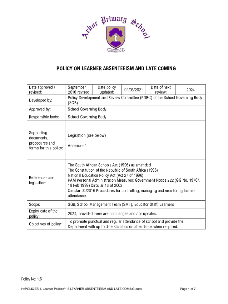 Fillable Online POLICY ON LEARNER ABSENTEEISM AND LATE COMING Fax Email ...