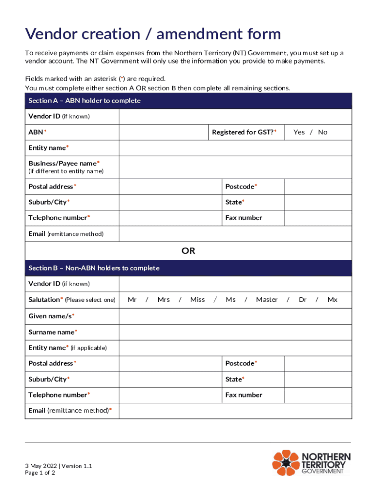 Fillable Online Nt Gov Vendor Creation Amendment Form Fax Email Print Pdffiller