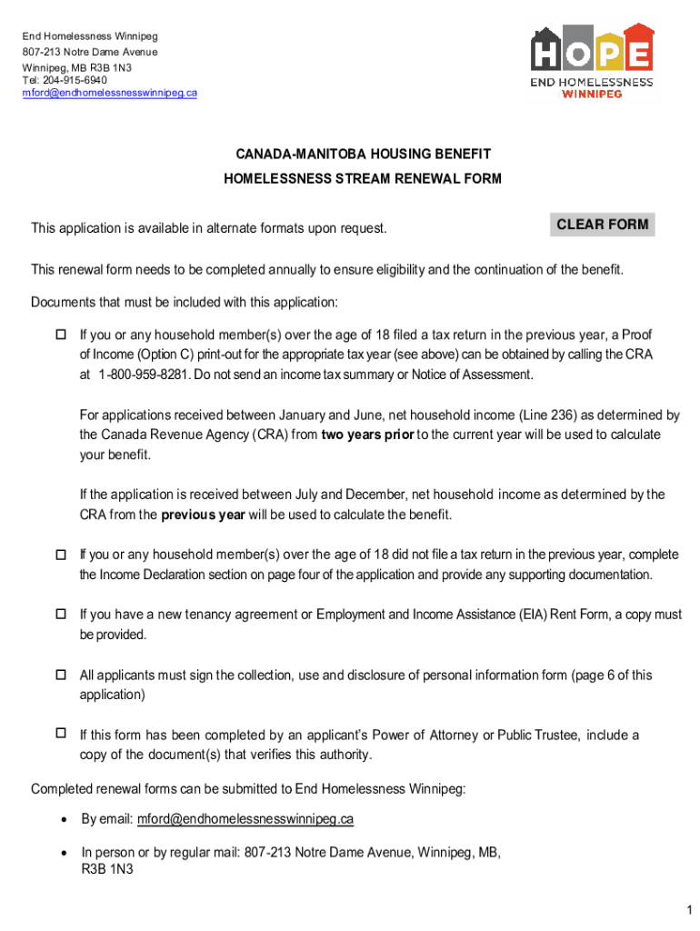 Fillable Online Canada-Manitoba Housing Benefit - Homelessness Stream ...