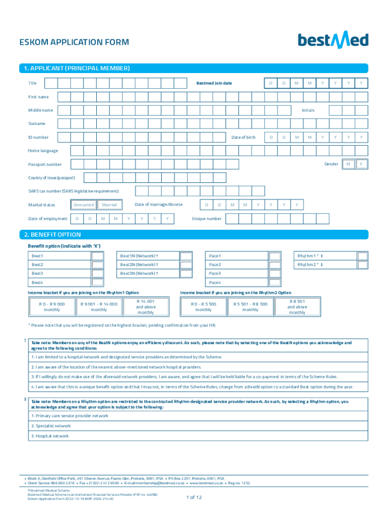 Fillable Online ESKOM APPLICATION FORM (WINDOW PERIOD) - Bestmed Fax ...