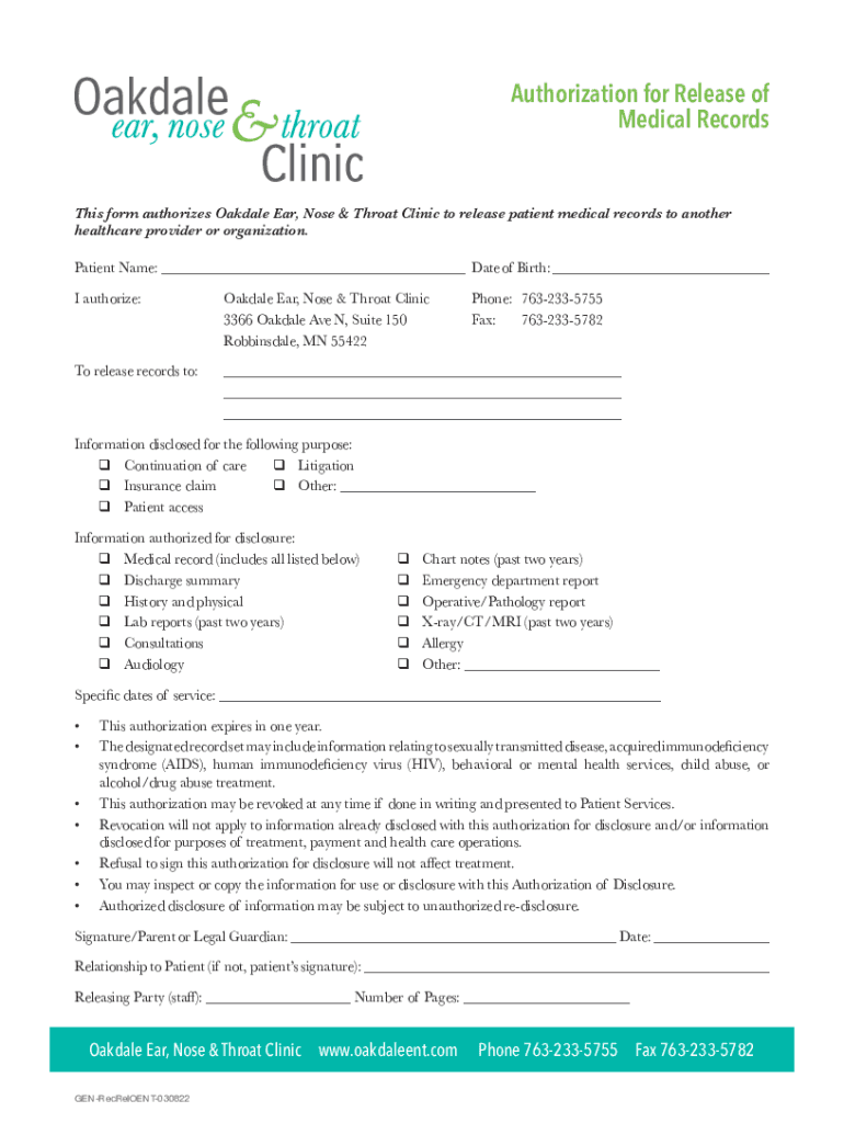Fillable Online Patient Authorization Form For Release of Medical ...