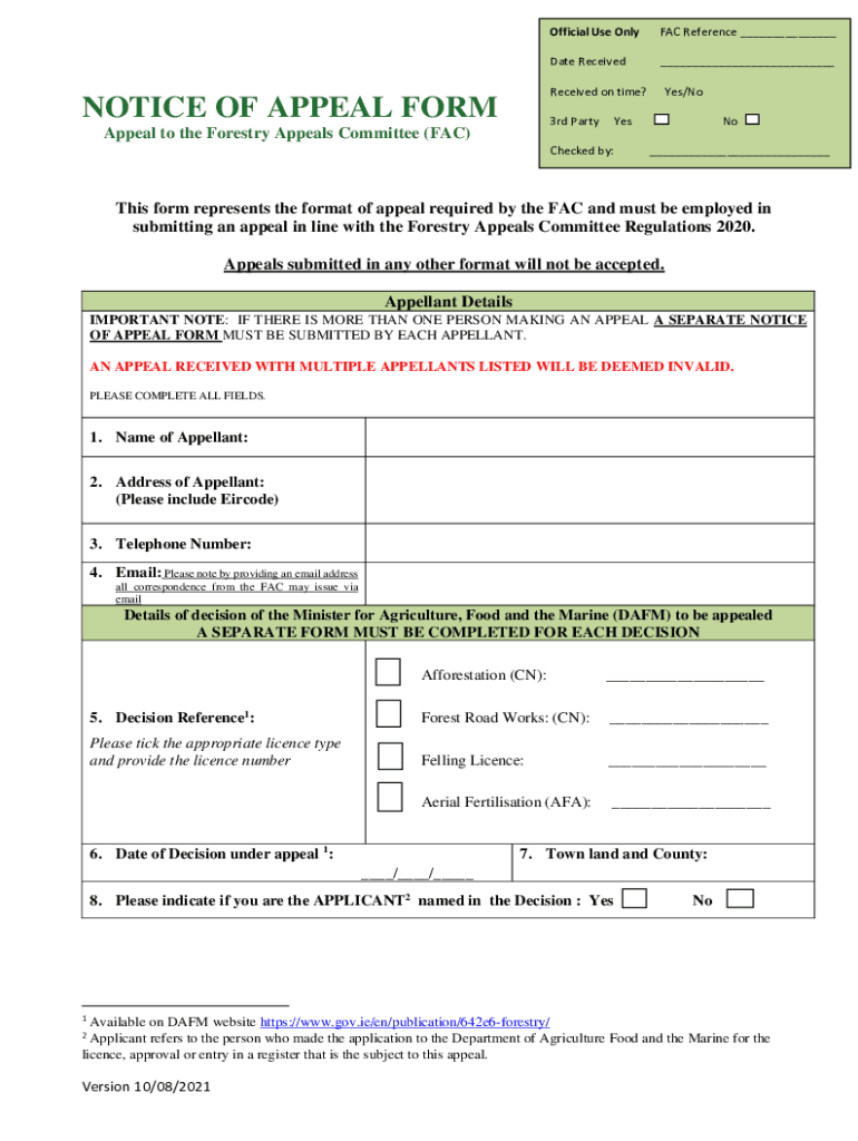 Fillable Online FAC Notice of Appeal Form - Agriculture Appeals Office ...