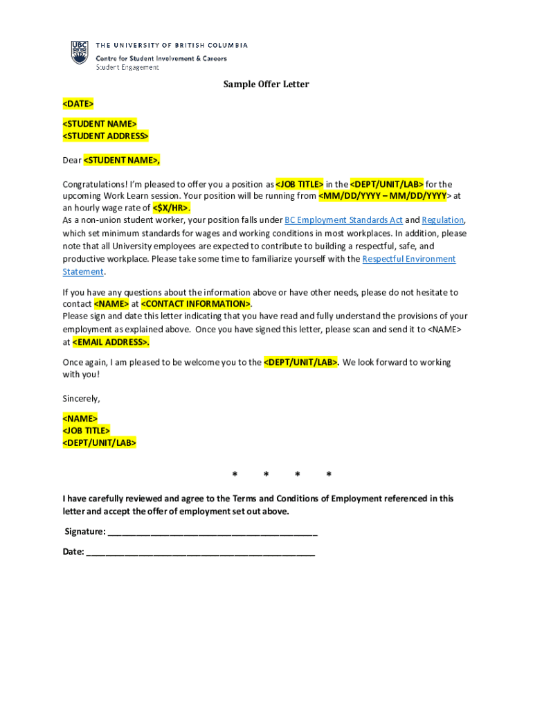 Fillable Online Sample Offer Letter - UBC Blogs Fax Email Print - pdfFiller