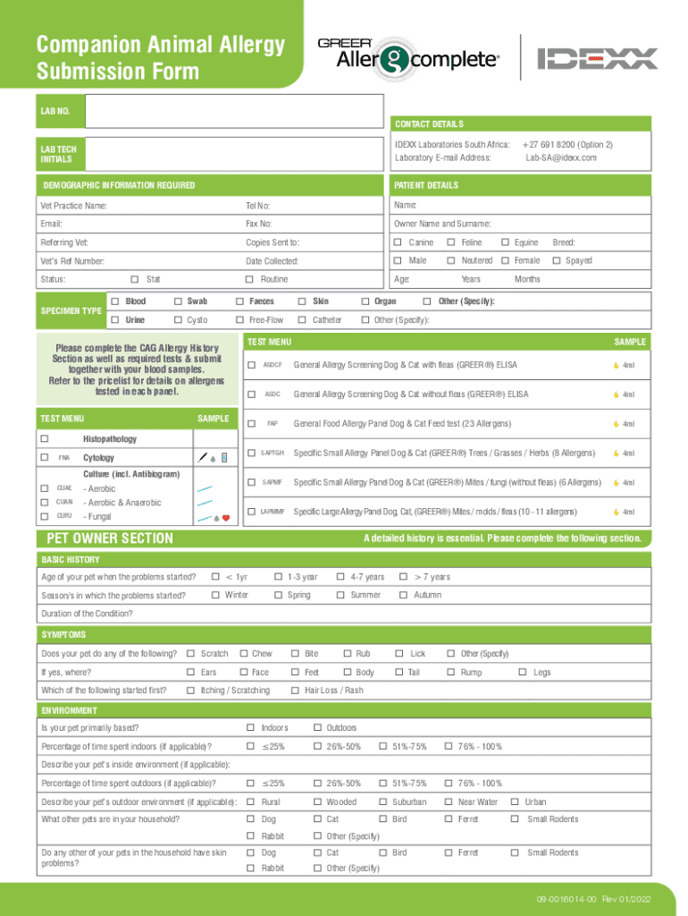 Fillable Online Companion Animal Allergy Submission Form Fax Email Print - pdfFiller