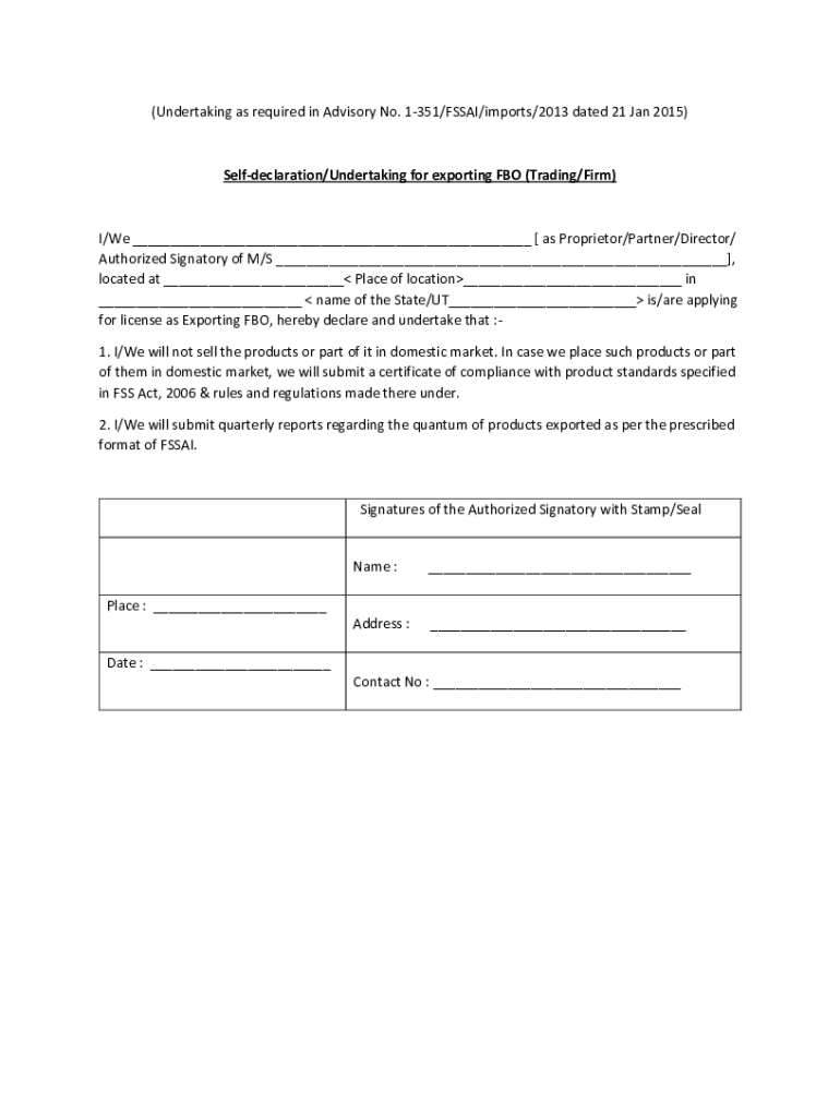 Fillable Online Declaration and Undertaking by Food Business Operator Fax Email Print - pdfFiller