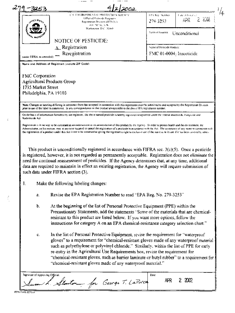 Fillable Online U.S. EPA, Pesticide Product Label, FMC 01-0004 ... Fax ...