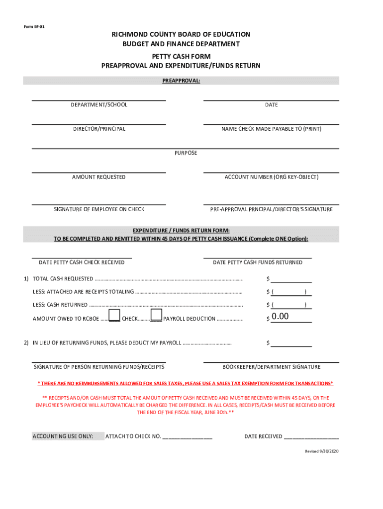 Fillable Online Petty Cash Fund Approval to Establish/Increase Form ...