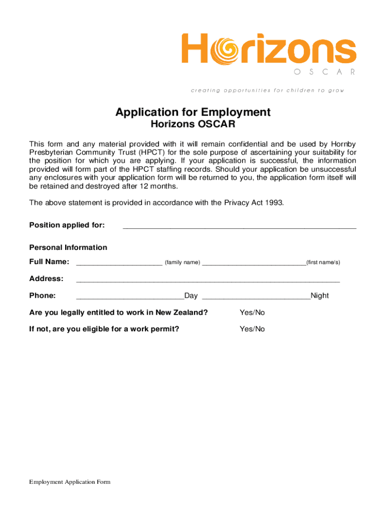 Fillable Online Application for Employment - Horizons OSCAR Fax Email Print - pdfFiller