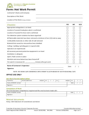 Fillable Online Form: Hot Work Permit OSH - South Regional TAFE Fax ...