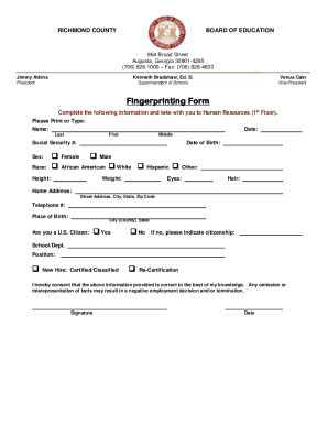 Fillable Online Fingerprinting Form - Richmond County School System Fax ...