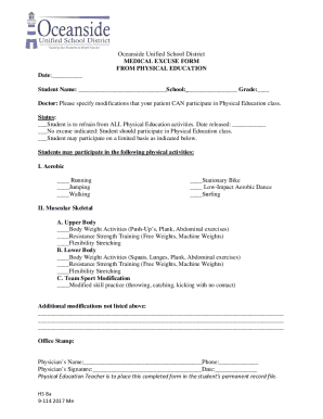 Fillable Online medical excuse form - Oceanside Unified School District ...