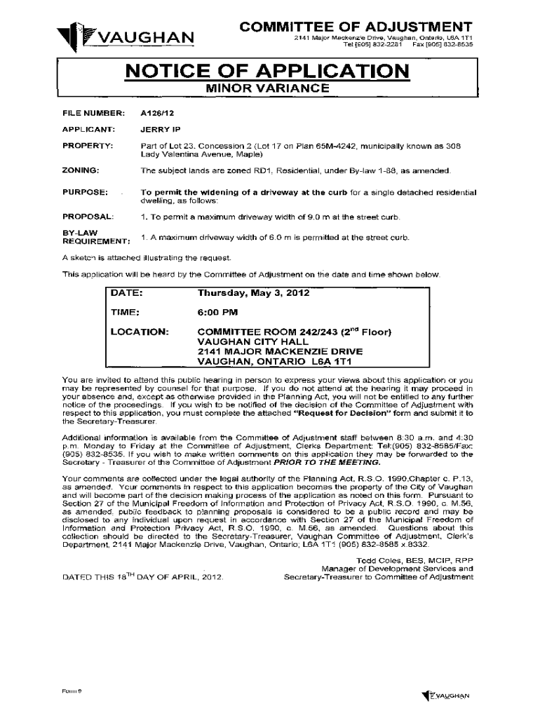 Fillable Online Development Planning Department City of Vaughan 2141 ... Fax Email Print - pdfFiller