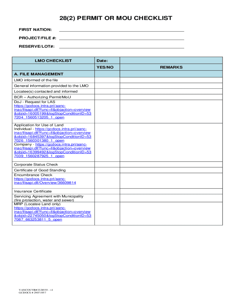 Fillable Online SECTION 28(2) PERMIT OR MOU - CHECKLIST - TEMPLATE Fax ...