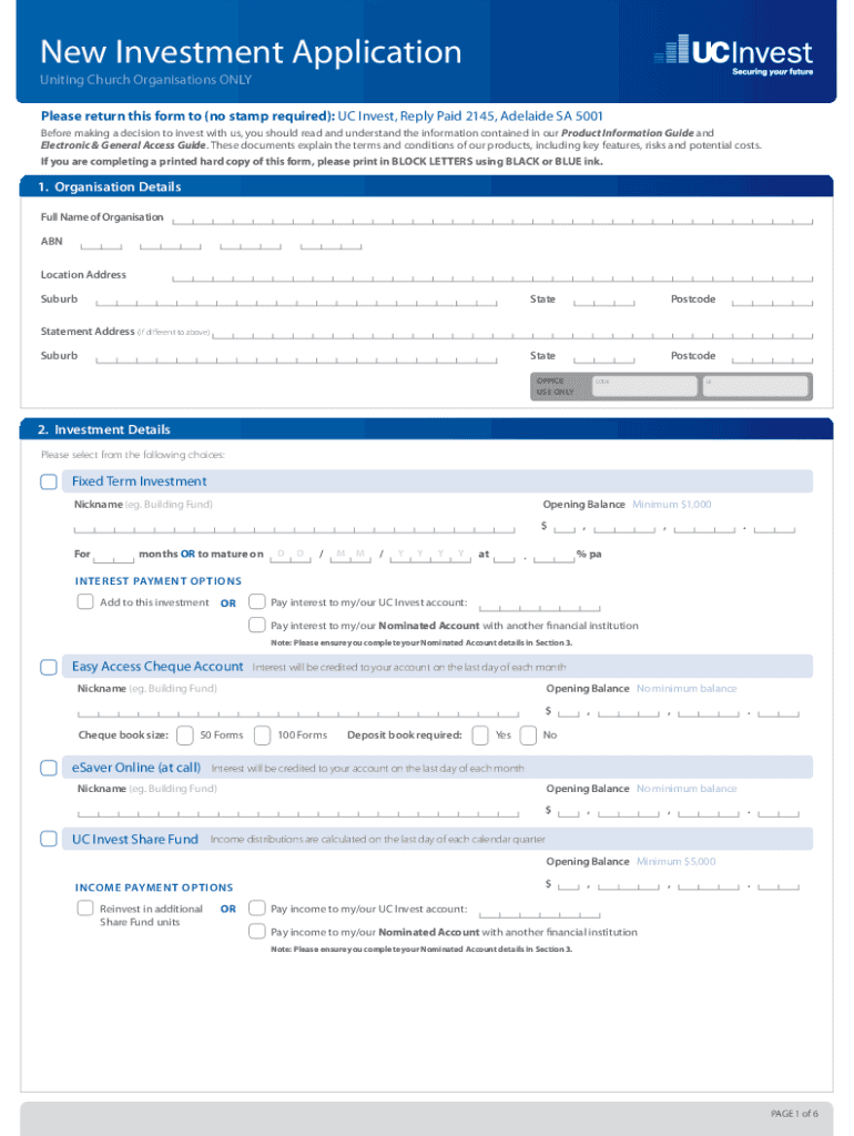 Fillable Online Investment application form - Uniting Church Queensland ...
